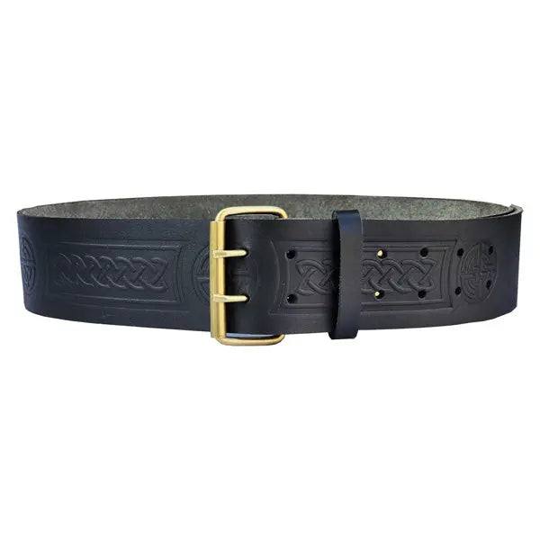 Double Prong Celtic Knot Embossed Black Leather Kilt Belt - CLOUD KILT