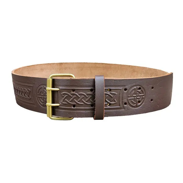Double Prong Celtic Knot Embossed Brown Leather Kilt Belt - CLOUD KILT