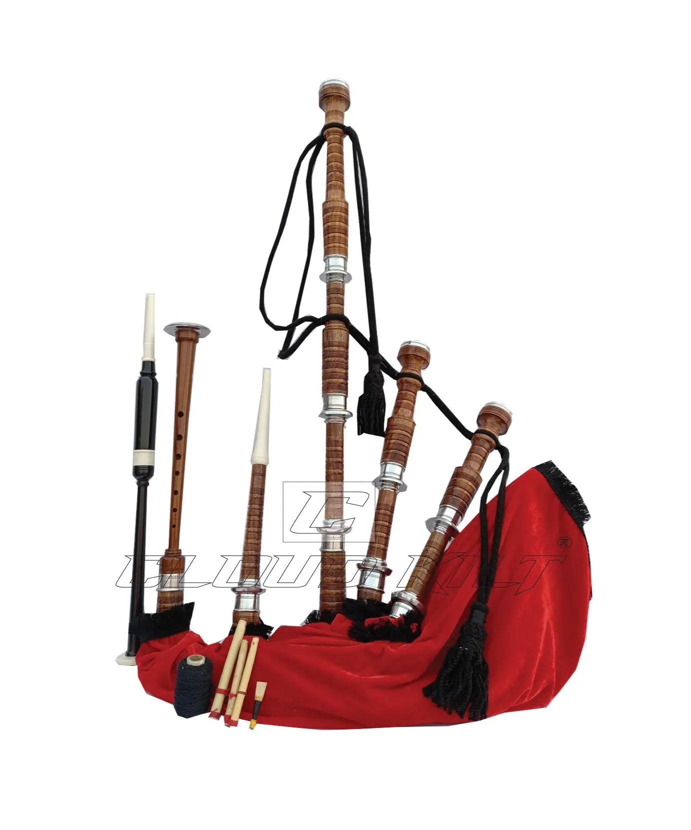 Red Velvet Bagpipe Set Brown & Silver Finish With Hard Case - CLOUD ...