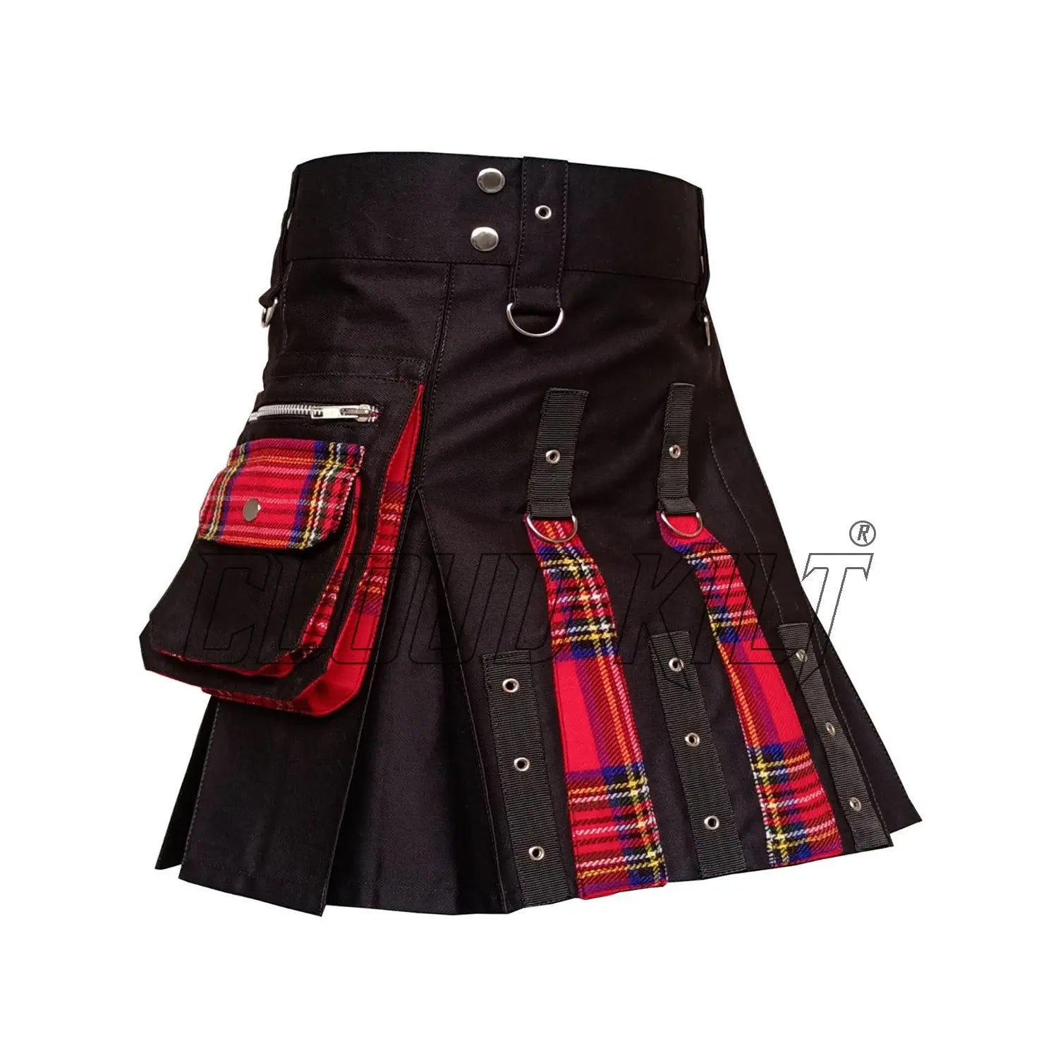 Women Black With Royal Stewart Box Pleat Utility Kilt - CLOUD KILT