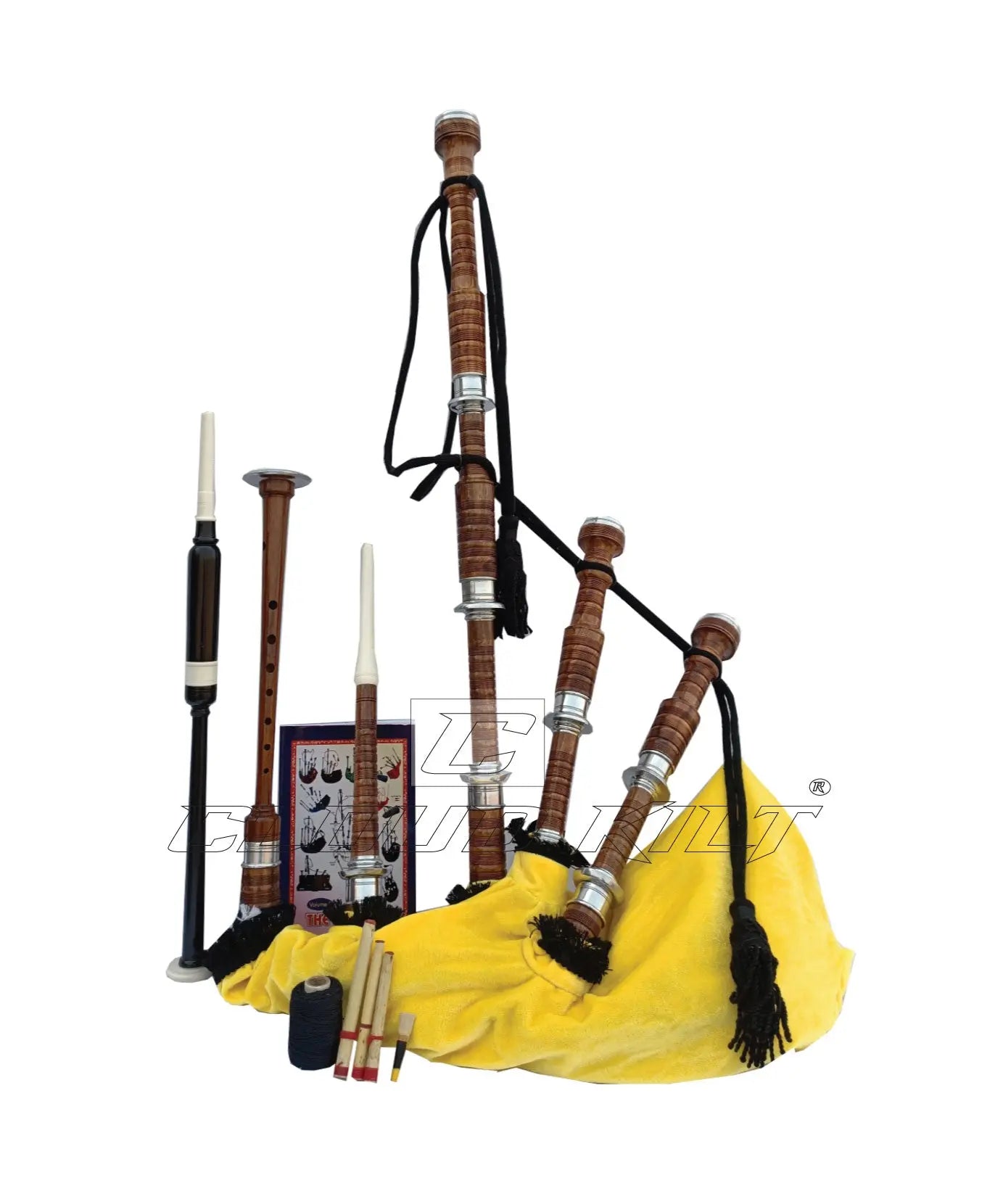 Yellow Velvet Bagpipe Set Brown & Silver Finish - CLOUD KILT